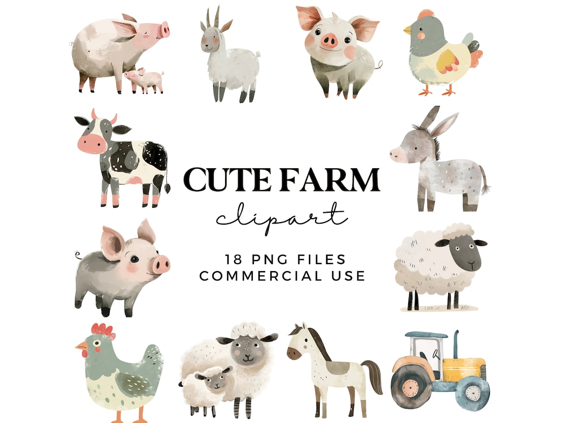 Cute Farm Clipart Set Farm Animals Clip Art Bundle Kids Birthday ...