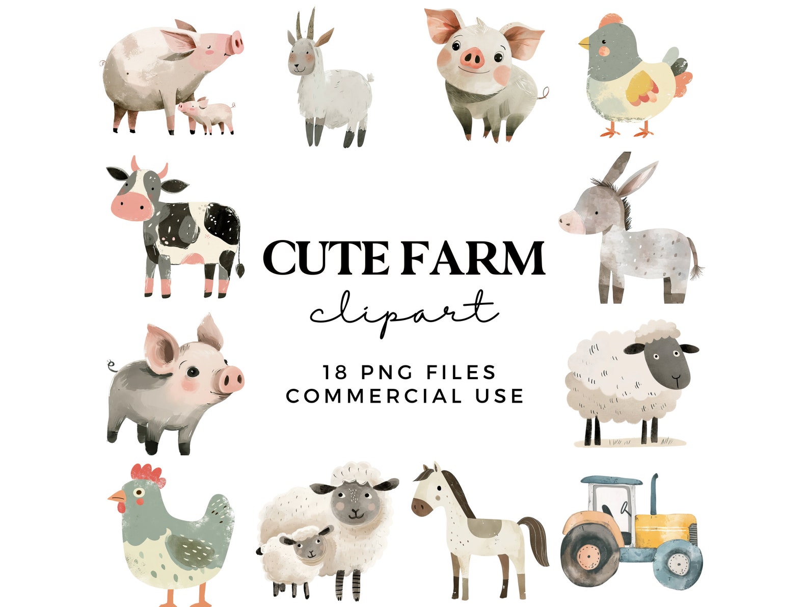Cute Farm Clipart Set - Farm Animals Clip Art Bundle - Kids Birthday ...