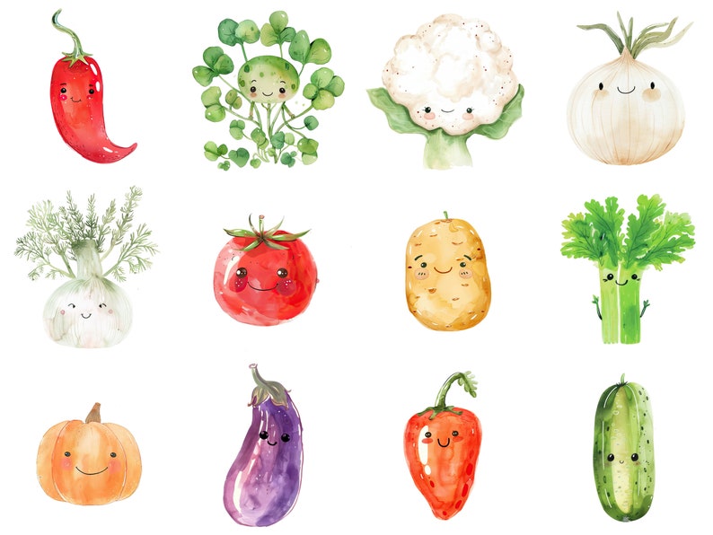 Cute Vegetables Clipart PNG Watercolour Veggies Clipart Bundle Kawaii ...