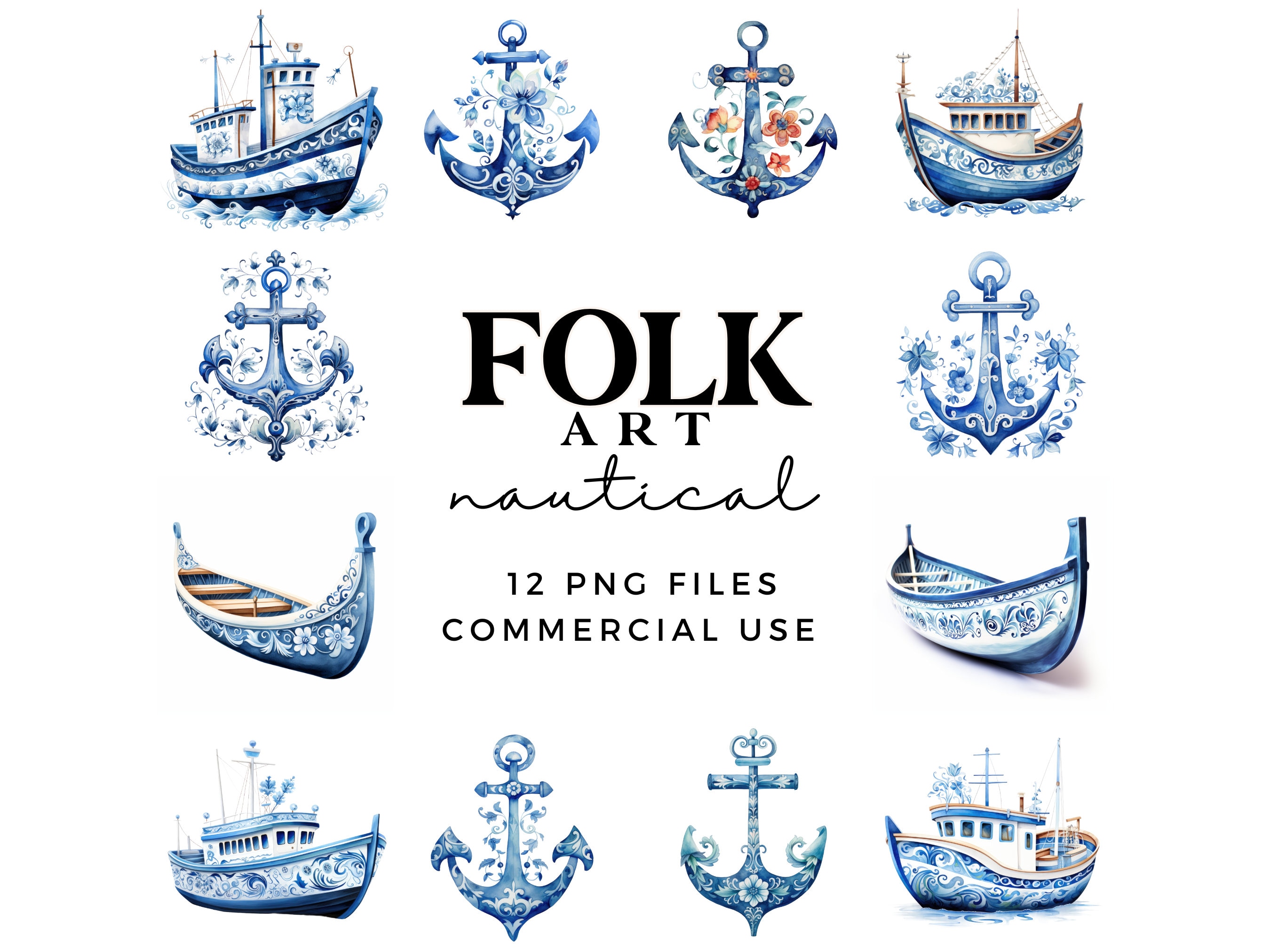 Nautical Clipart Anchors and Boats Clip Art in Blue and White ...