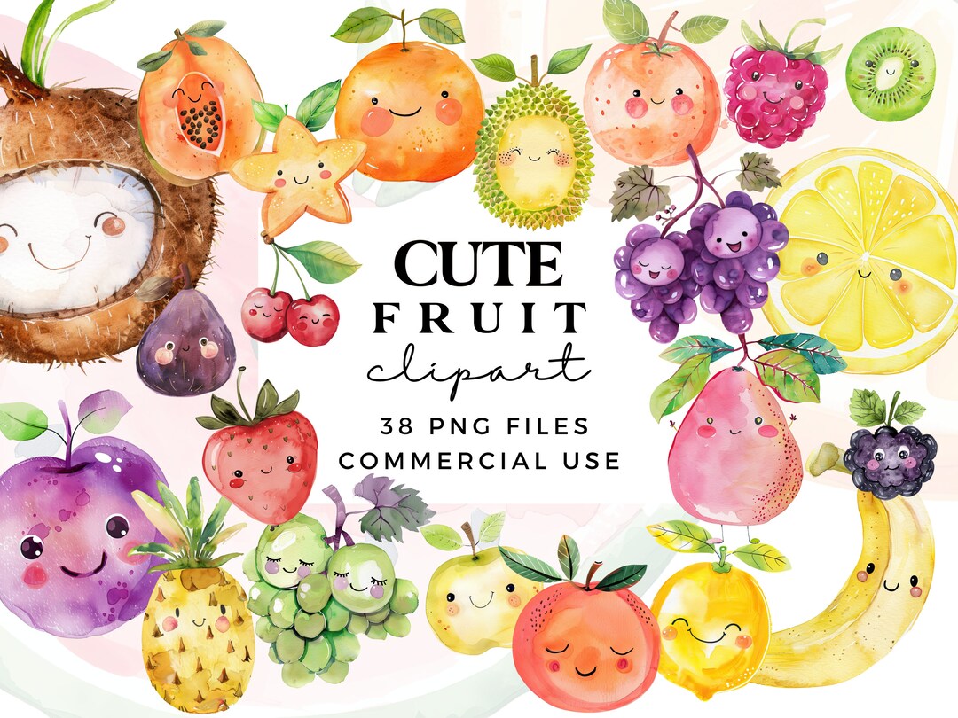 Cute Fruit Clipart PNG - Watercolour Fruits Clipart Bundle - Kawaii ...