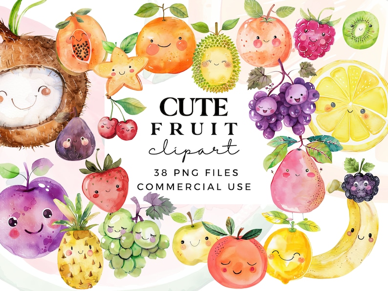Cute Fruit Clipart PNG Watercolour Fruits Clipart Bundle Kawaii Fruits ...