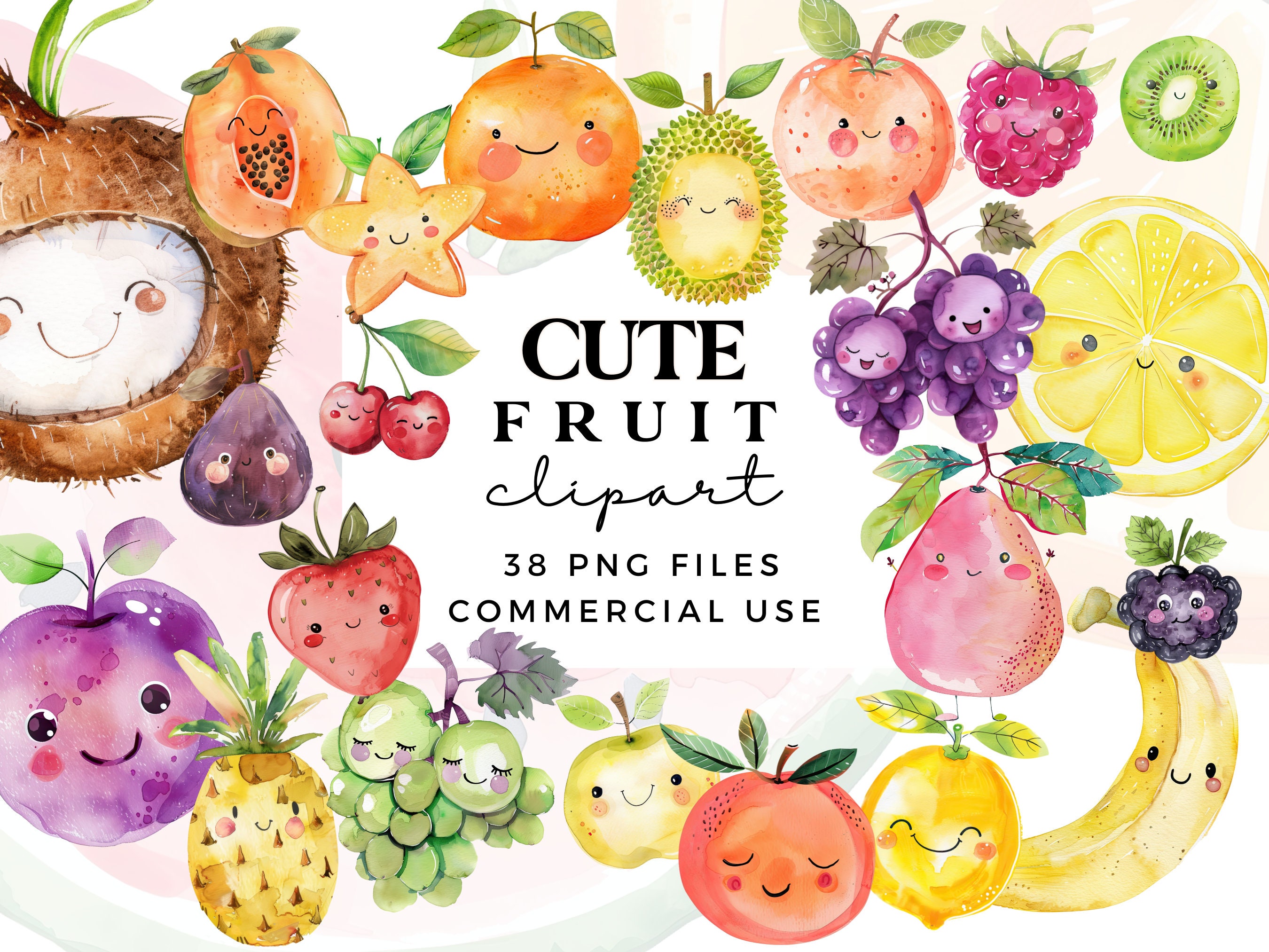 Cute Fruit Clipart PNG Watercolour Fruits Clipart Bundle Kawaii Fruits ...