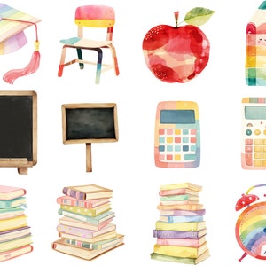 School Clipart Set - Watercolour School Supplies Clipart Bundle - Back ...