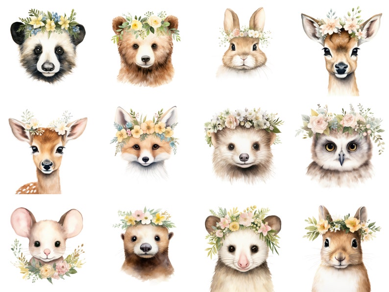 Boho Woodland Animals Clipart Cute Baby Animal Clip Art Watercolour ...