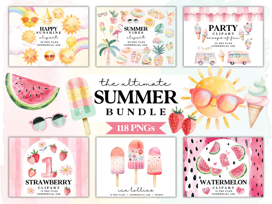 Watercolor Summer Clipart Bundle With Commercial Use - Cute Clip Art ...