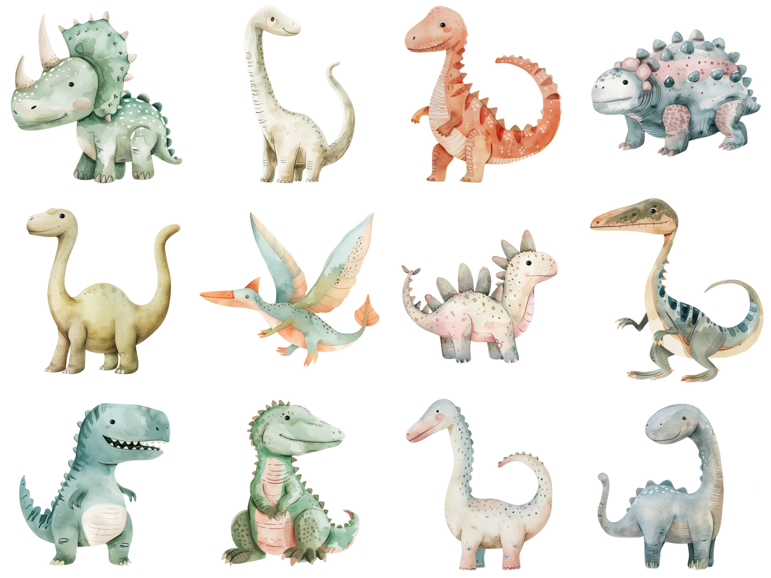 Cute Dinosaur Clipart Bundle - Watercolour Dinosaur Clipart - Dinosaur ...