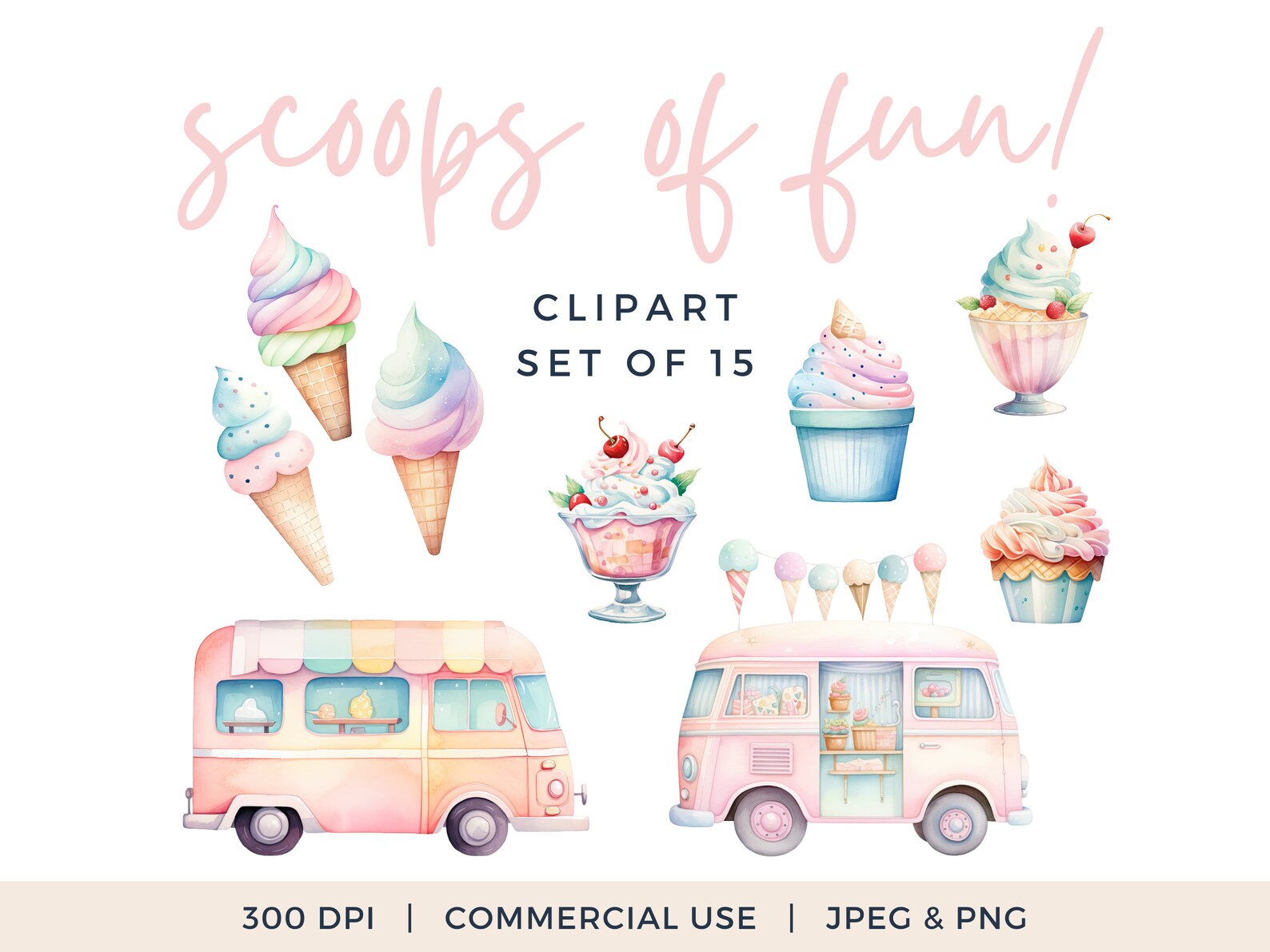 Pastel Watercolor Ice Cream Clipart Set Cones Sundaes Vans - Etsy