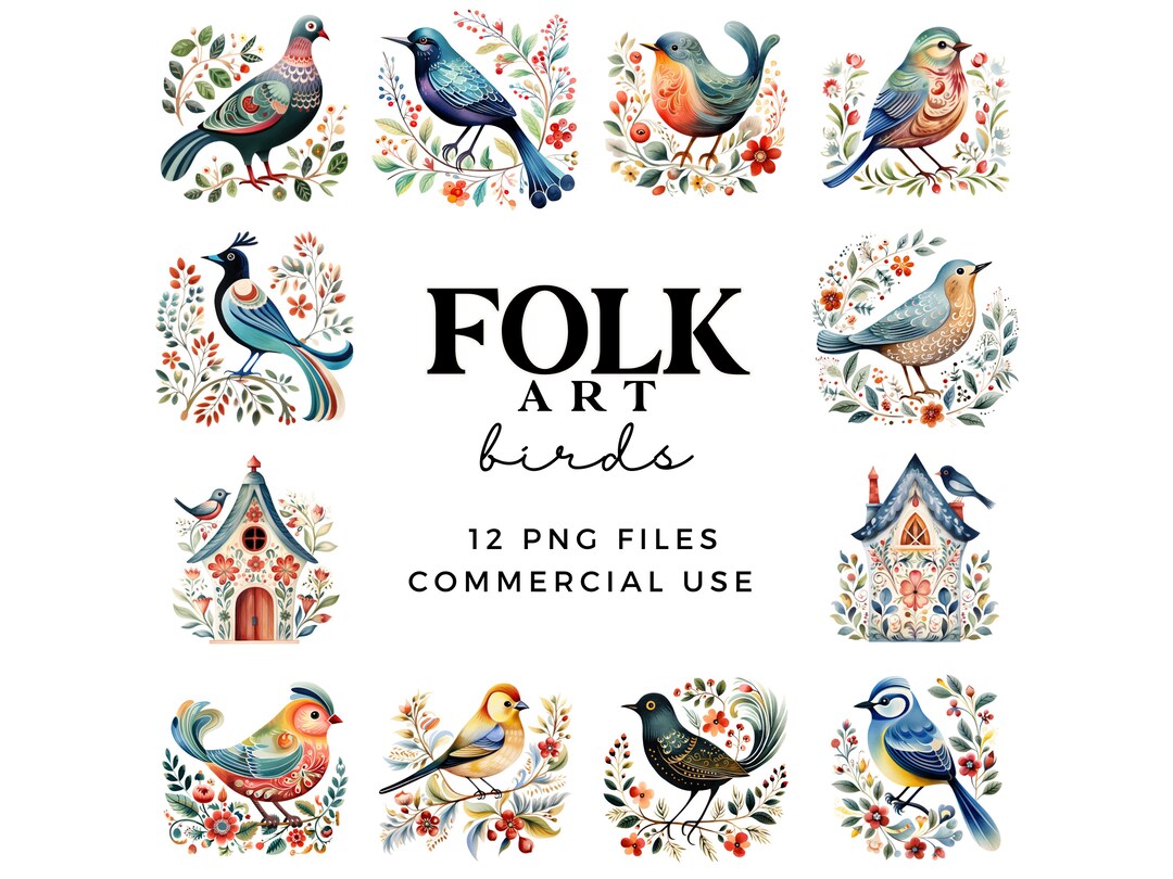 Watercolour Folk Art Garden Birds Clipart - Rosemaling Birds Clip Art ...