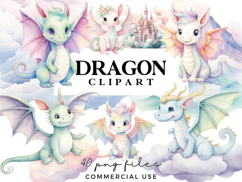Cute Dragon Clipart Watercolor Dragon Kingdom Clip Art Bundle Pastel ...