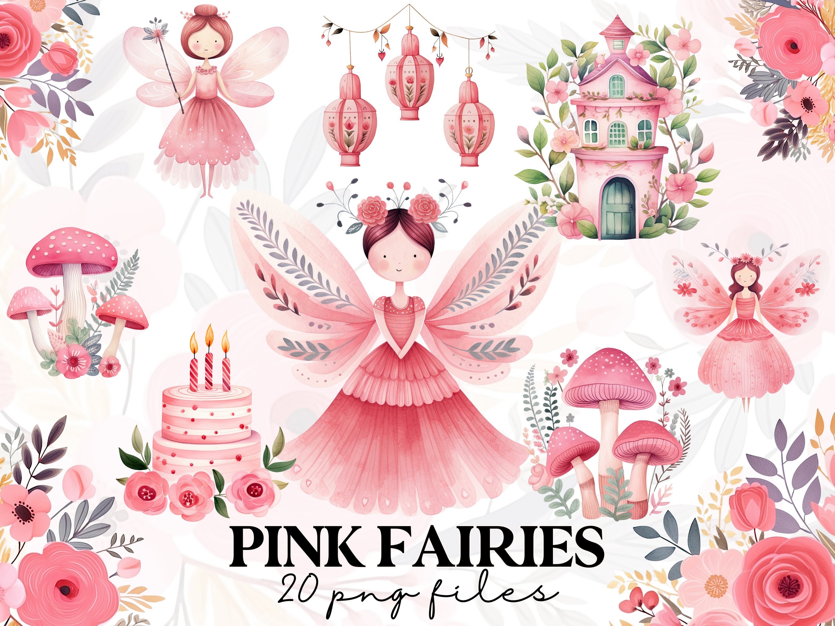 Pink Fairy Clipart Set Fairies Clip Art Flower Clipart Watercolour ...