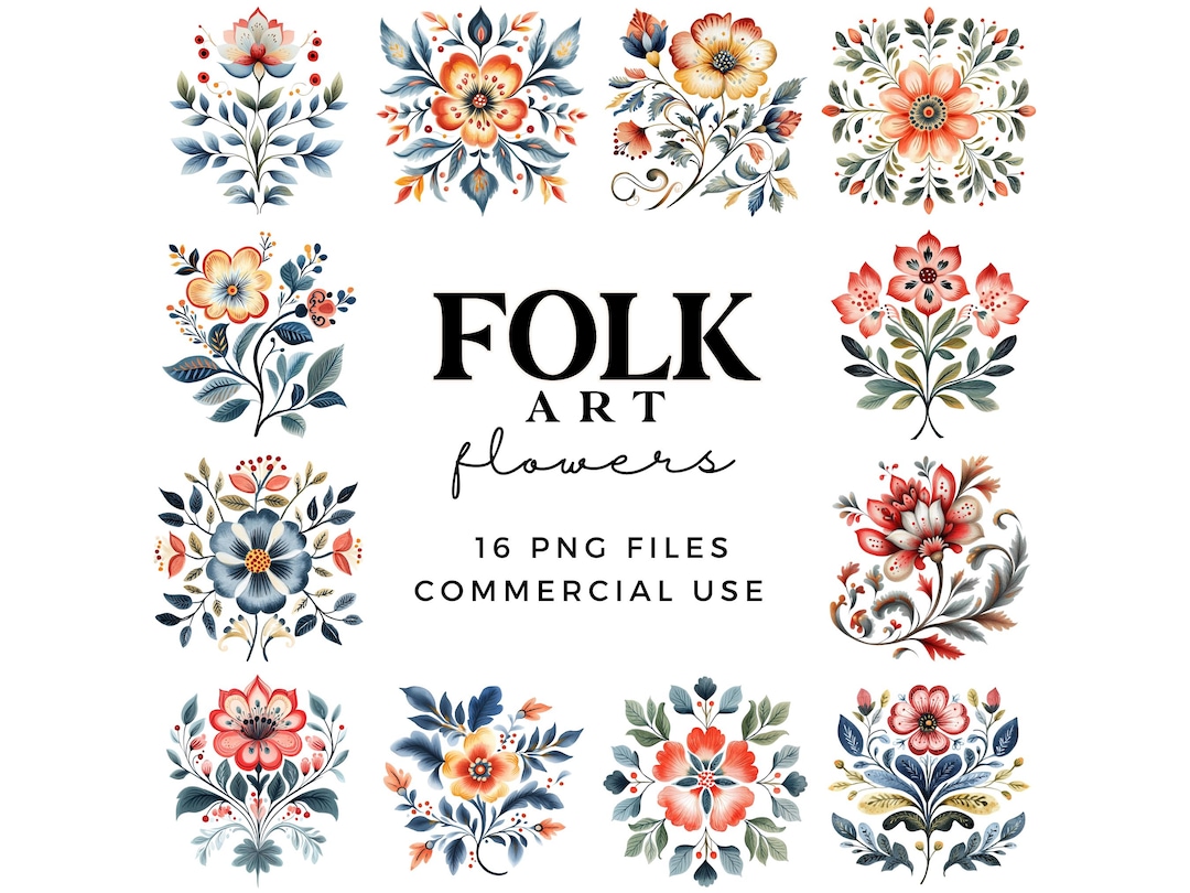 Watercolour Folk Art Flowers Clipart - Rosemaling Floral Clip Art ...