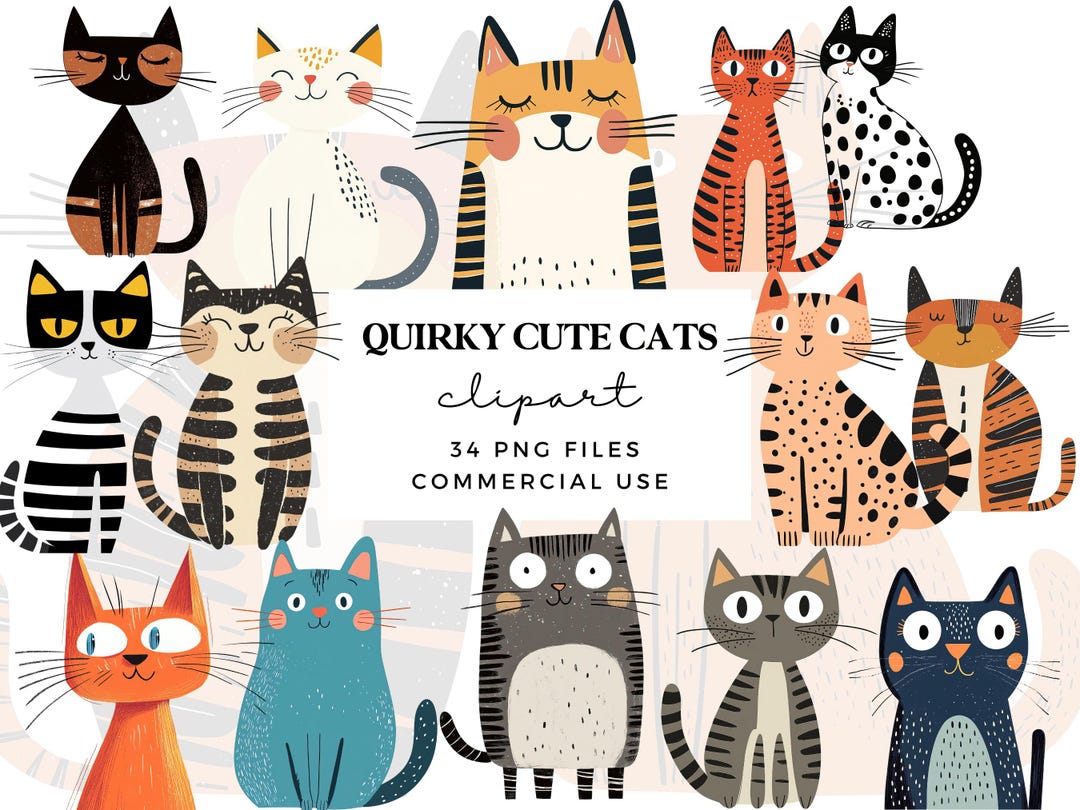 Quirky Cats Clipart PNG - Cute Cartoon Cats Clipart - Funny Kitten ...