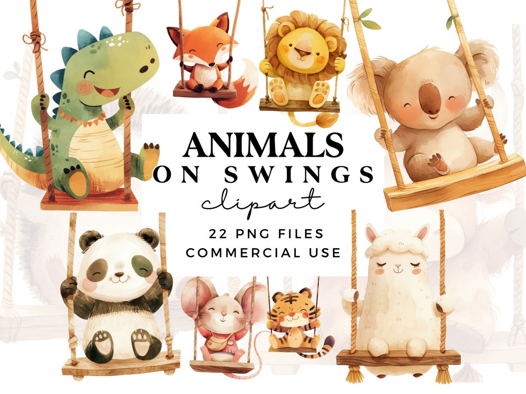 Animals on Swings Clipart - Cute Animals Clipart for Nursery Wall Art ...