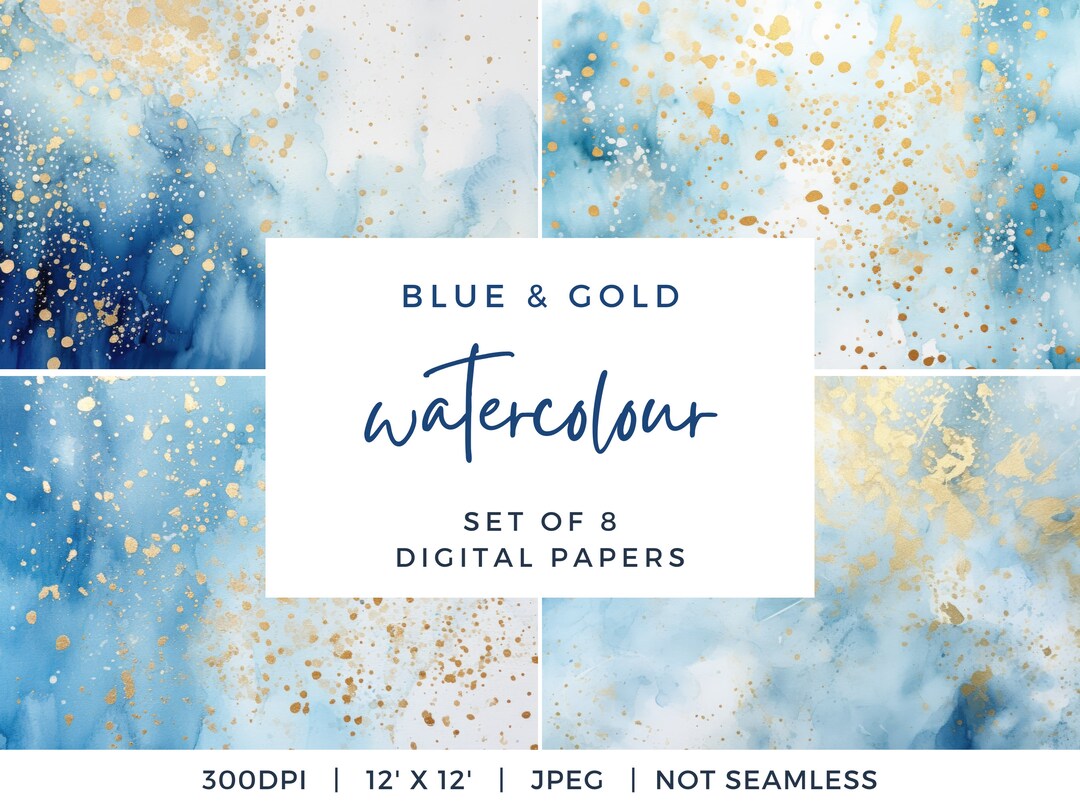 Deep Blue and Gold Watercolour Digital Paper Set Abstract Background ...