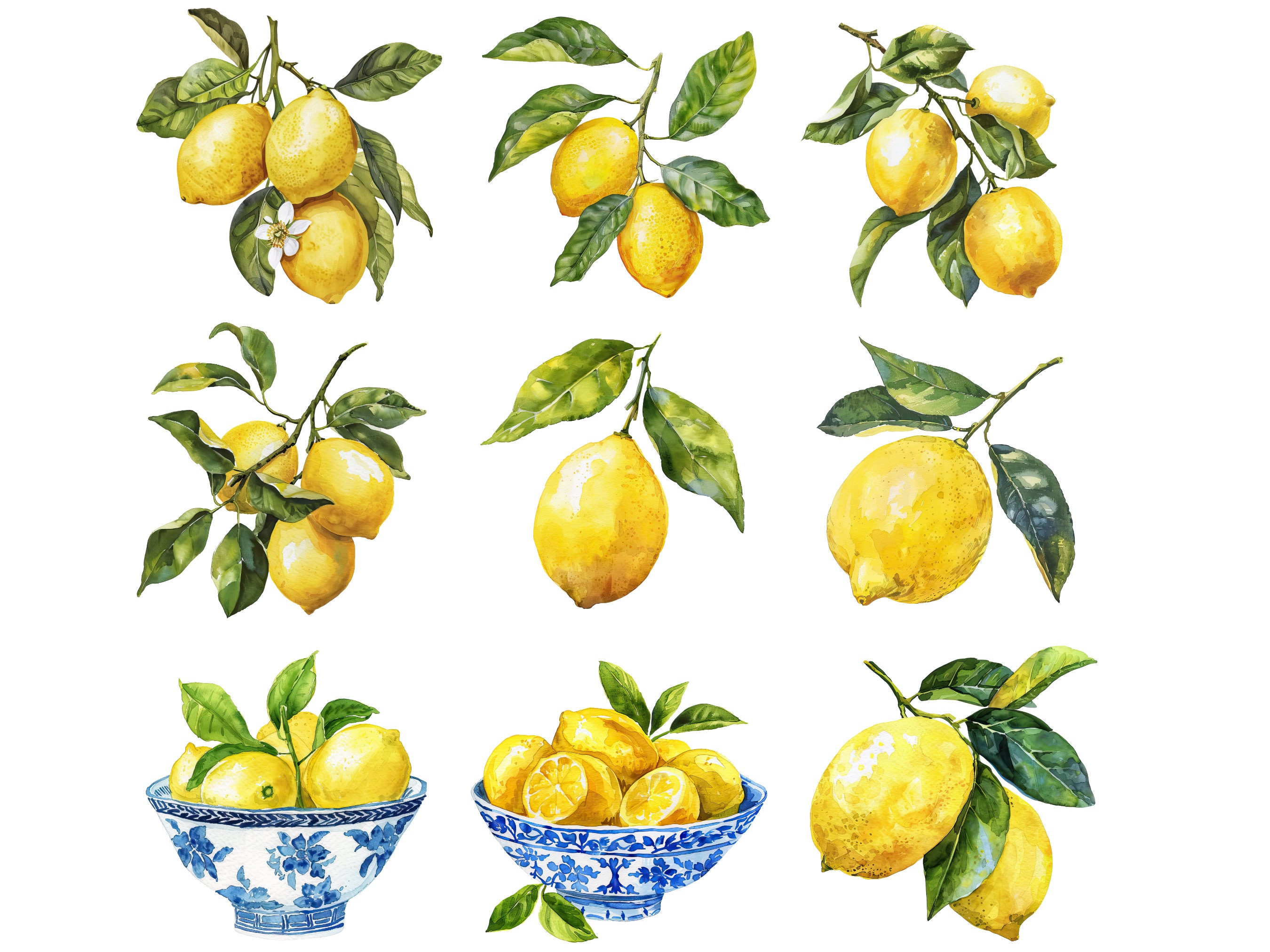 Watercolour Lemons Clipart - Blue Mediterranean Tiles Clipart Bundle ...