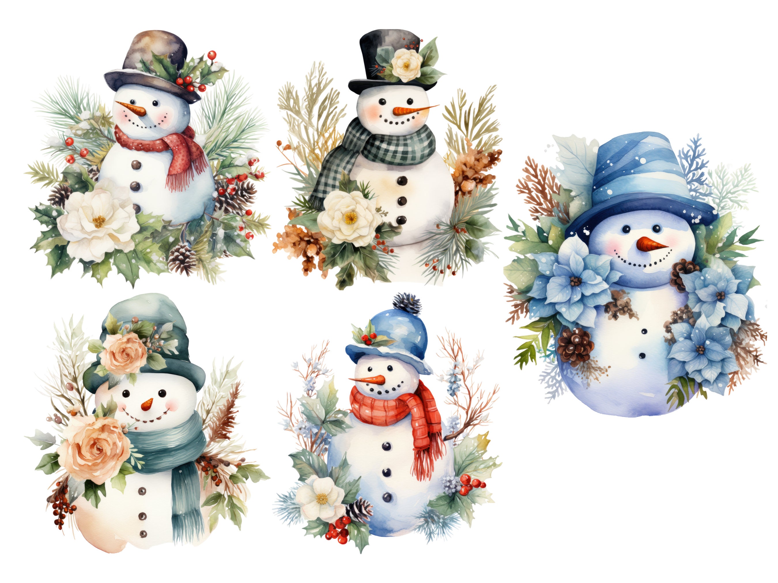 Floral Snowman Clipart Bundle Watercolour Snowmen Clip Art Set Cute ...