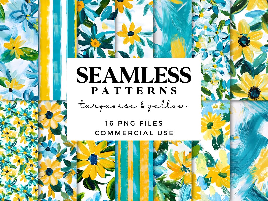 Turquoise & Yellow Floral Seamless Patterns - Bold Floral Digital ...