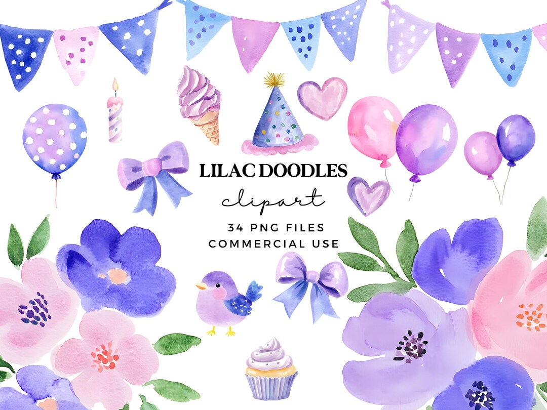 Lilac Doodles Clipart PNG - Cute Birthday Clip Art - Purple Watercolour ...