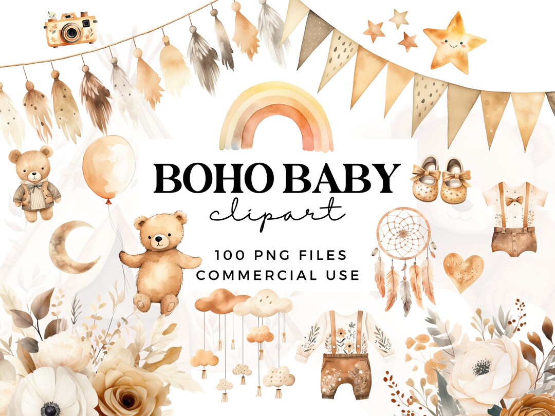 Boho Baby Clipart Bundle - Watercolour Baby Shower Clip Art - Cute ...
