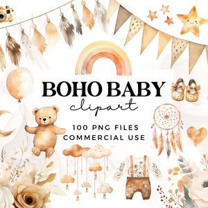 Boho Baby Clipart Bundle - Watercolour Baby Shower Clip Art - Cute ...
