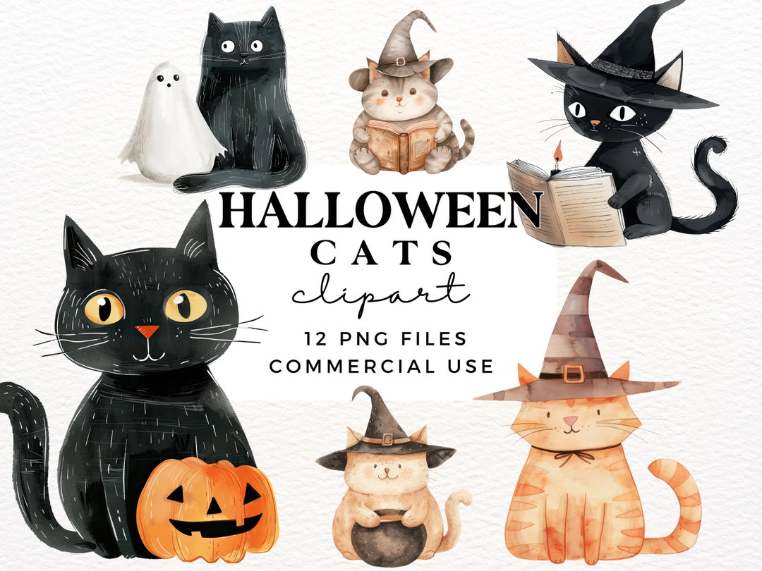 Cute Halloween Cats Clipart PNG - Halloween Clipart - Boho Cats Clipart ...
