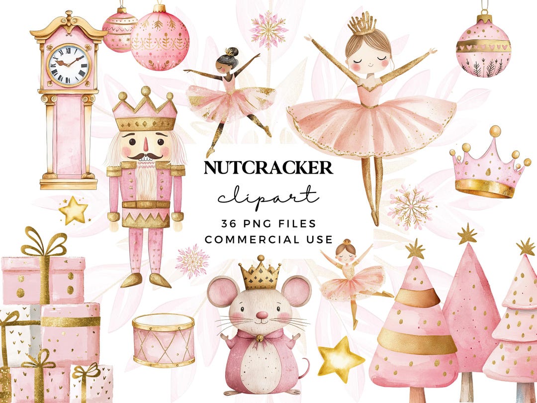 Nutcracker Clipart Bundle in Pink & Gold - Watercolor Christmas Clip ...