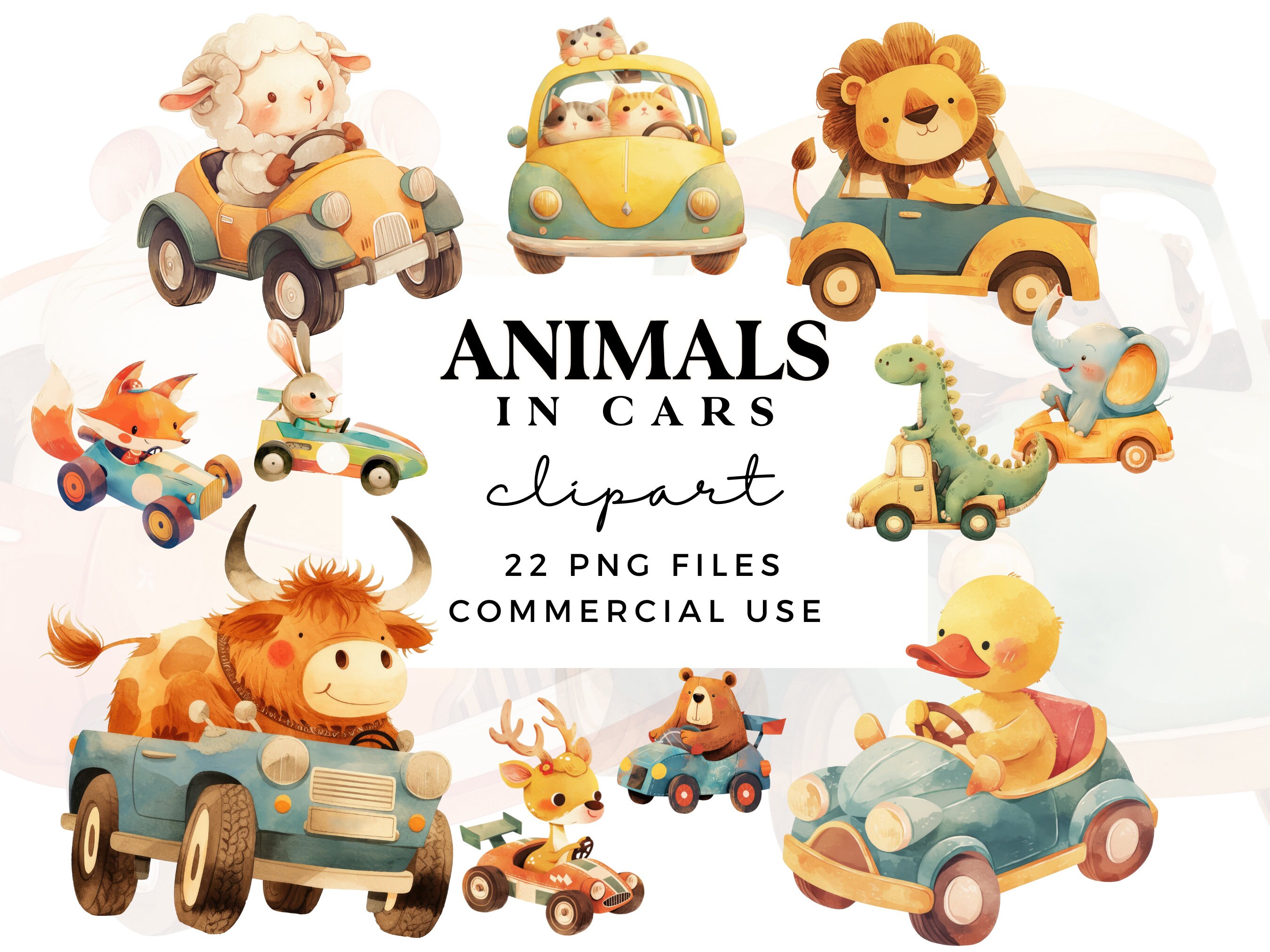 Animals in Cars Clipart - Cute Animals Clipart for Nursery Wall Art ...