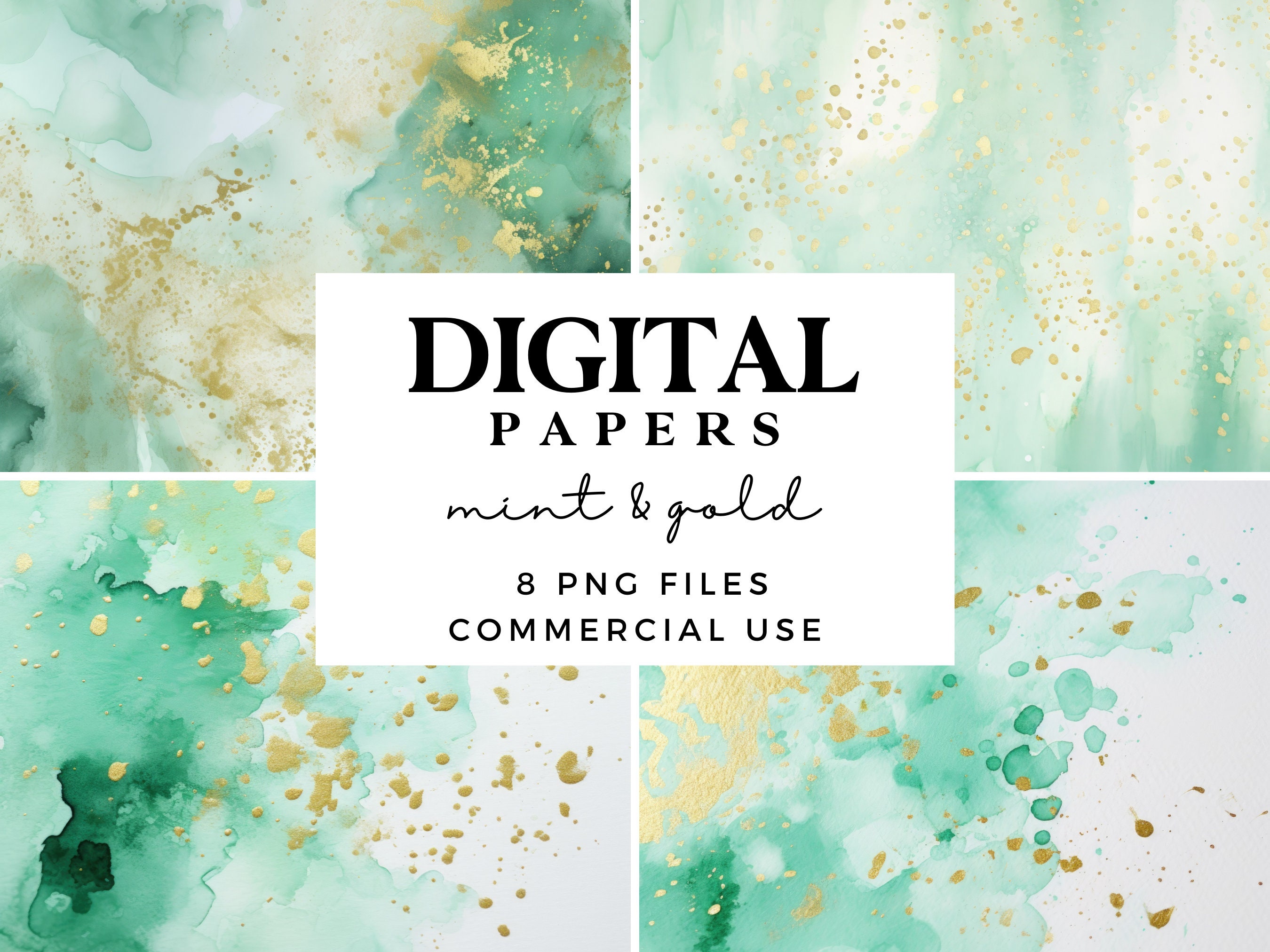 Mint Green and Gold Watercolour Digital Paper Set Abstract Background ...