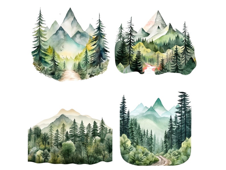 Watercolour Mountains Clipart - Landscape Clipart Bundle - Forest ...