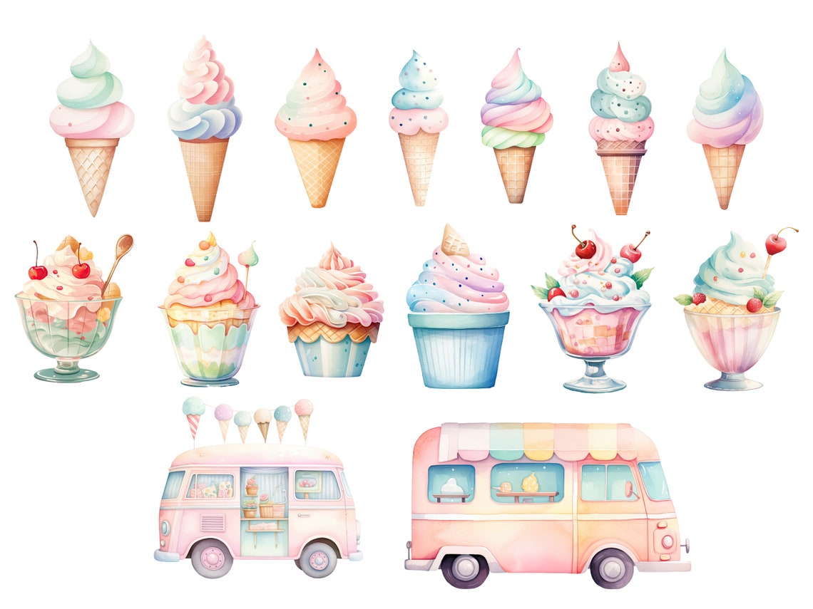 Pastel Watercolor Ice Cream Clipart Set Cones Sundaes Vans - Etsy