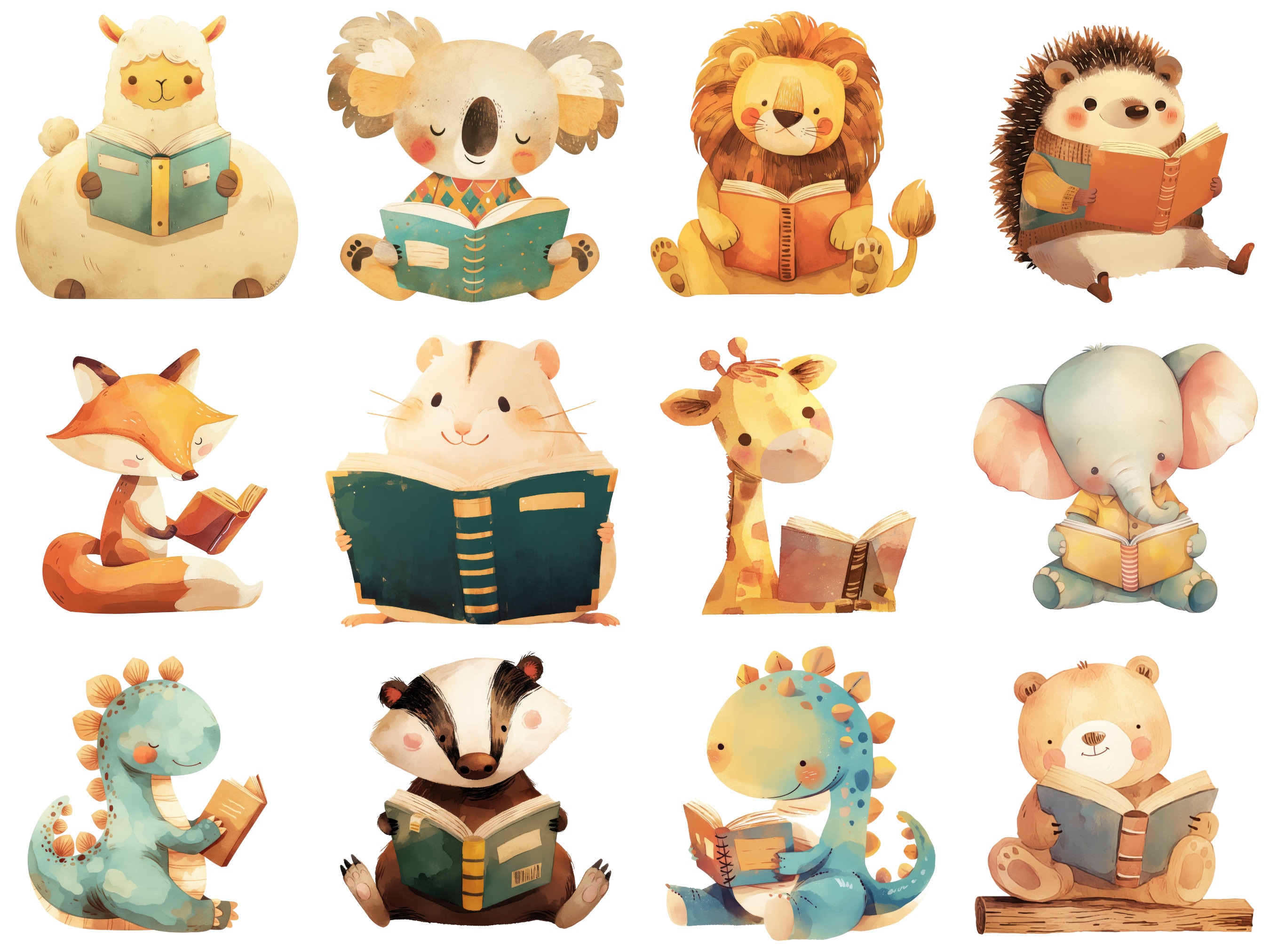 Animals Reading Books Clipart - Cute Animals Clipart for Nursery Wall ...