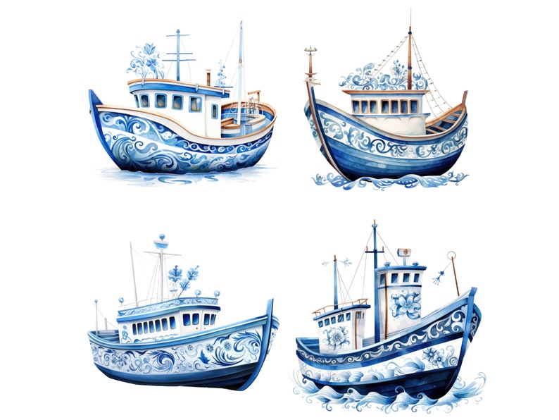 Nautical Clipart - Anchors and Boats Clip Art in Blue and White ...