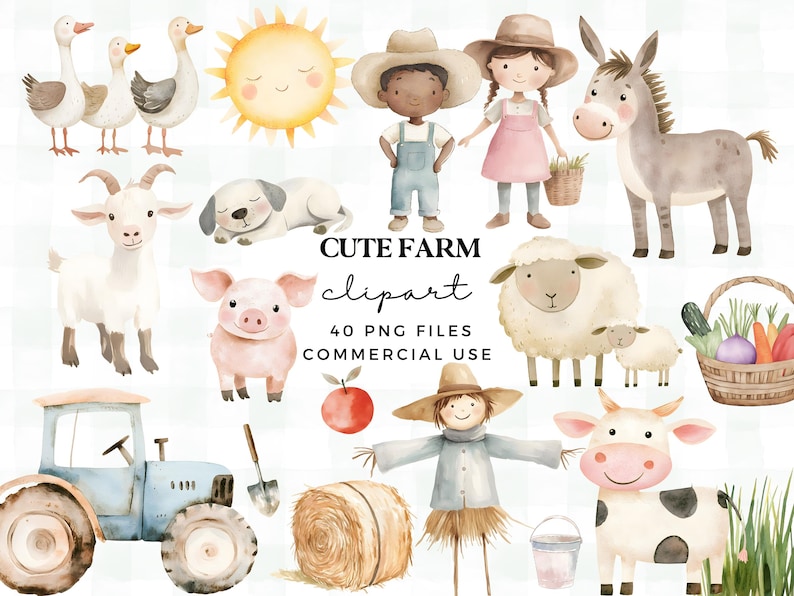 Watercolor Farm Animals Clipart Set: Nursery Art & Seamless Patterns ...