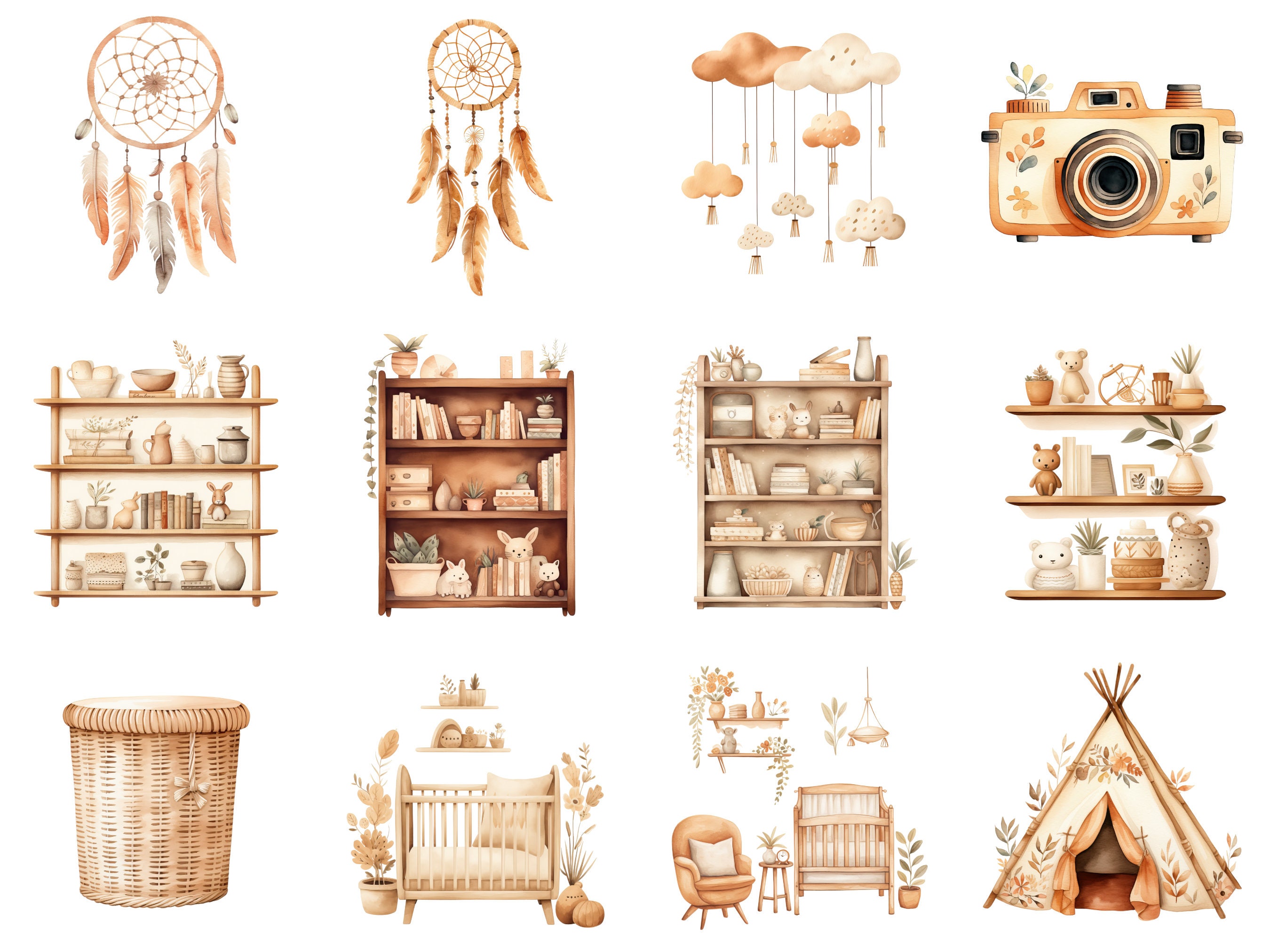 Boho Baby Clipart Bundle - Watercolour Baby Shower Clip Art - Cute ...