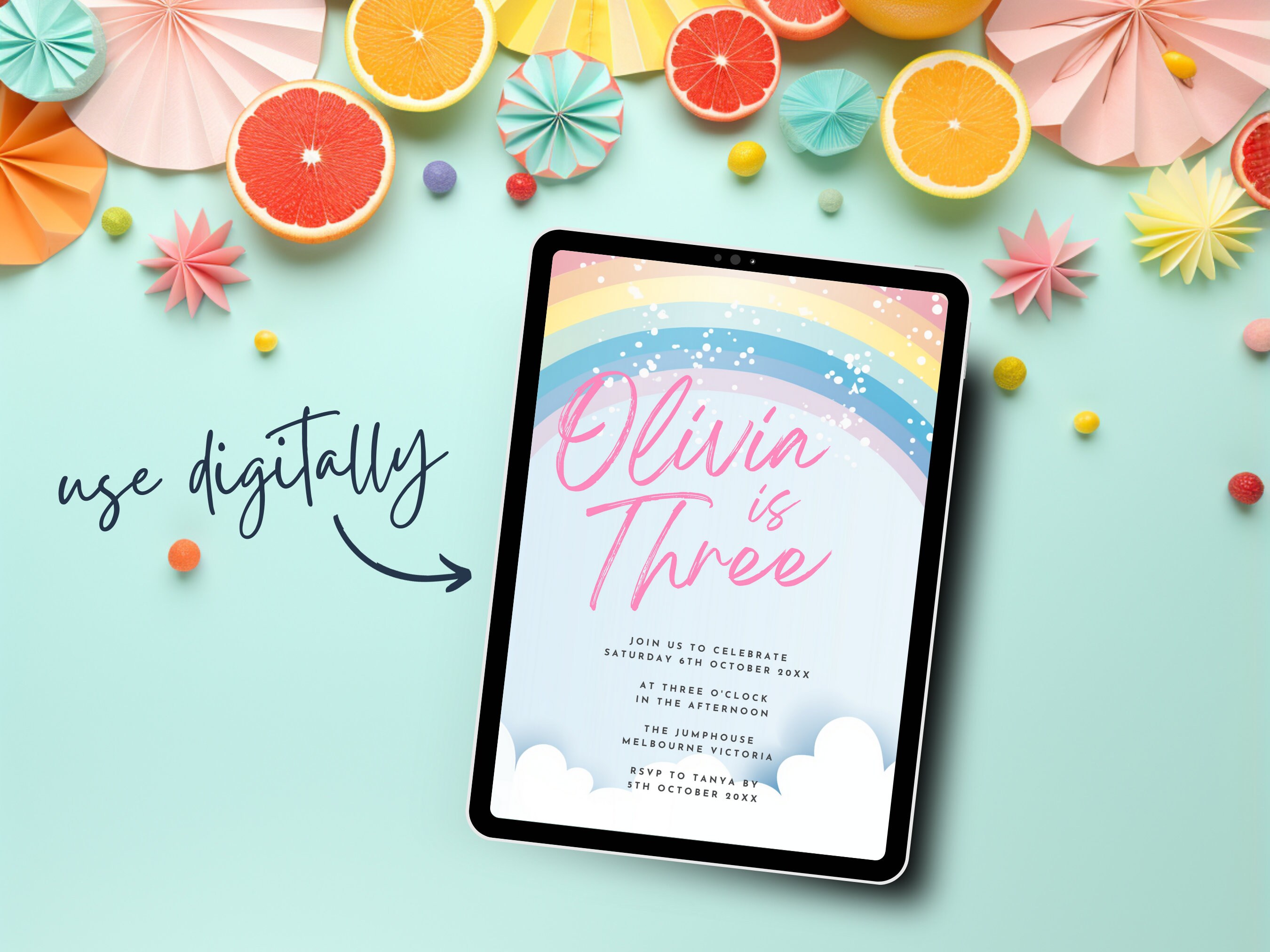 Pastel Rainbow Invite Background Papers 5x7 Party Invitation Digital ...