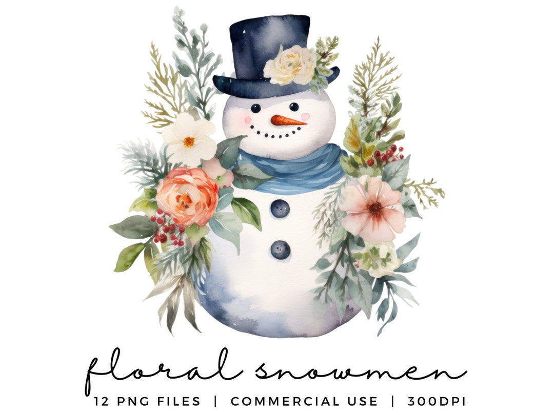 Floral Snowman Clipart Bundle - Watercolour Snowmen Clip Art Set - Cute ...