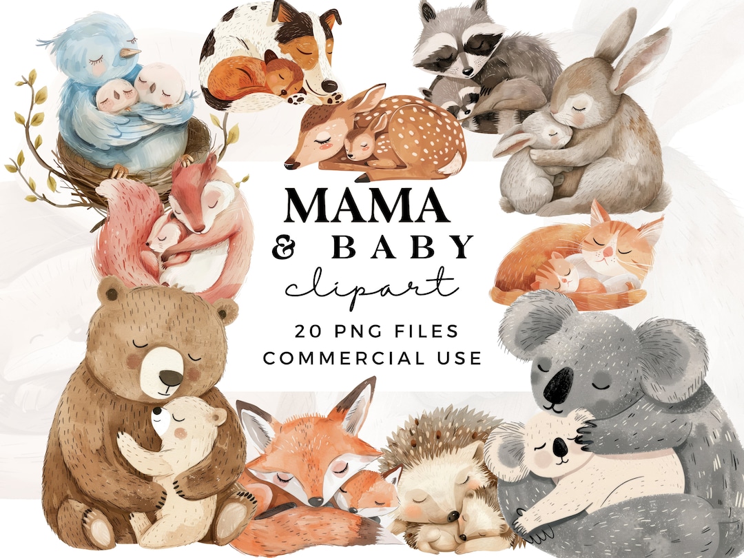 Mama & Baby Animal Clipart - Cute Baby Animals - Commercial Use - Mummy ...