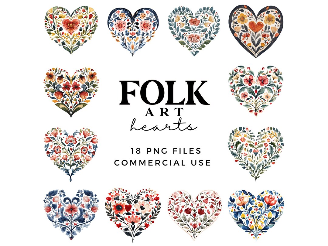 Watercolour Folk Art Hearts Clipart - Rosemaling Floral Love Hearts ...