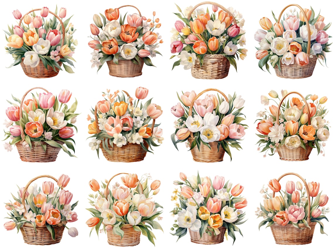 Tulip Baskets Clipart Easter Flowers Clip Art Spring - Etsy