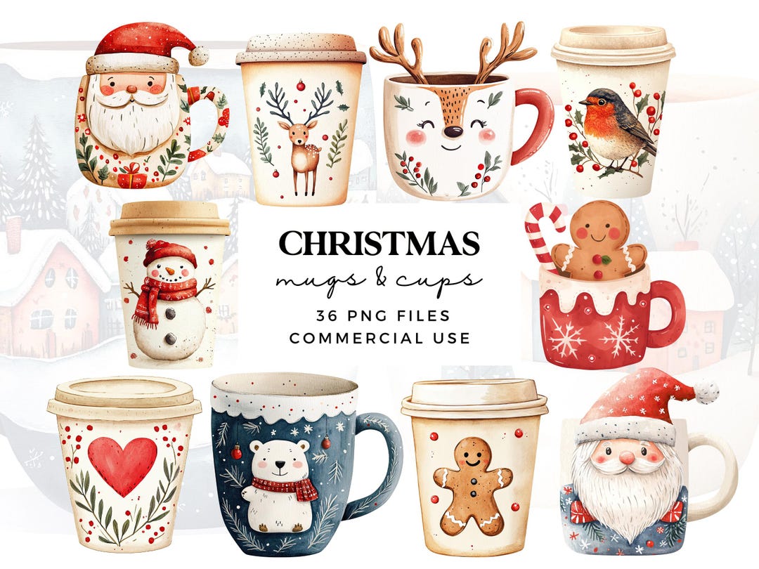 Cute Christmas Mugs Clipart Bundle - Xmas Coffee Cups Clip Art ...