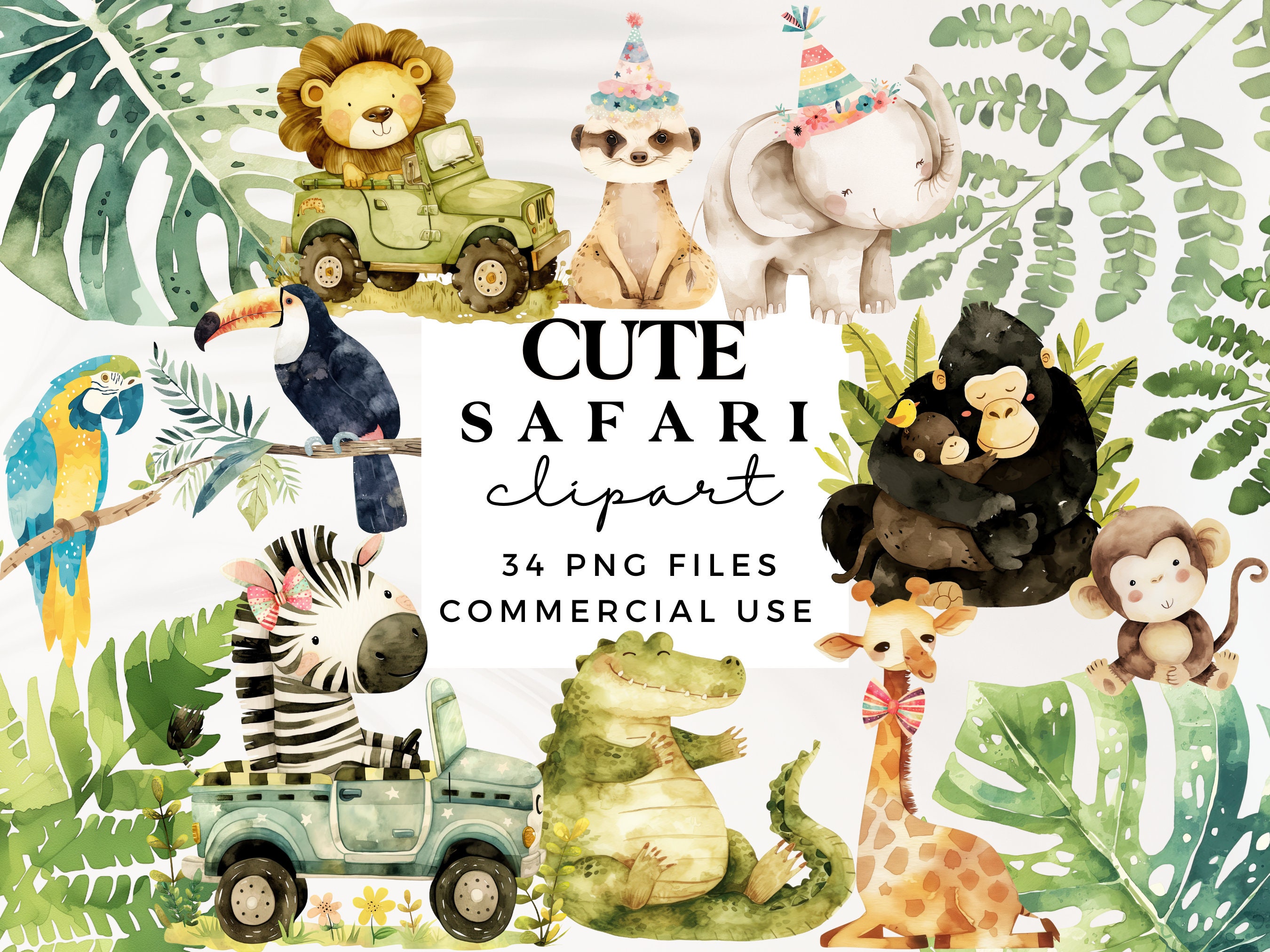 Cute Safari Animals Clipart Watercolor Clipart for Commercial Use PNG ...