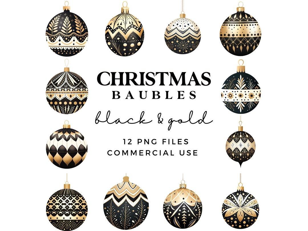 Christmas Baubles Clipart in Black & Gold - Xmas Ornament Clip Art ...
