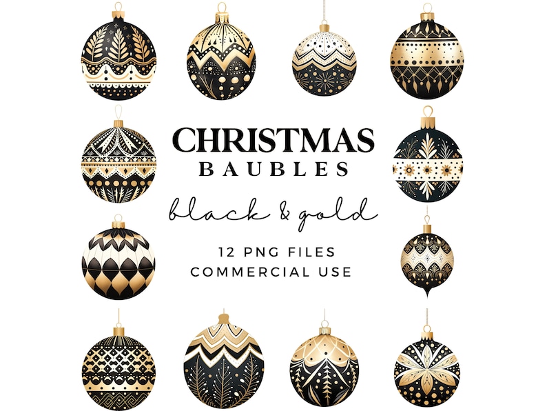 Christmas Baubles Clipart in Black & Gold Xmas Ornament Clip Art Bundle ...