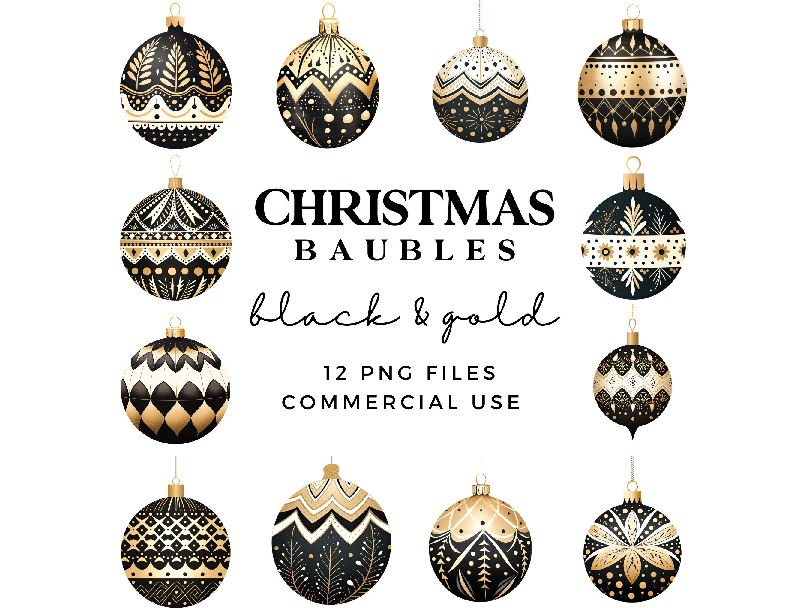 Christmas Baubles Clipart in Black & Gold Xmas Ornament Clip Art Bundle ...
