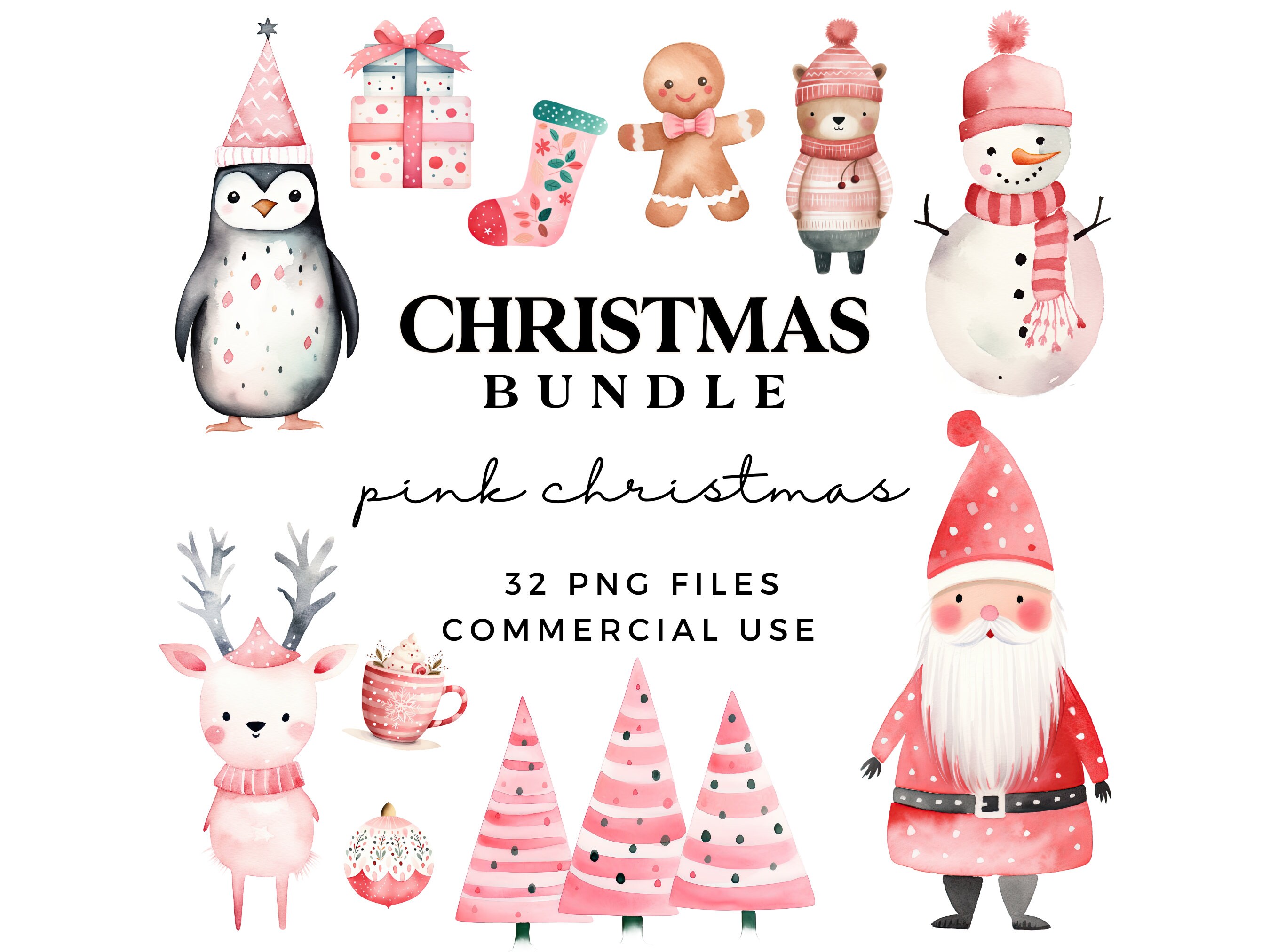 Pink Watercolour Clipart Christmas Bundle for Commercial Use - Etsy