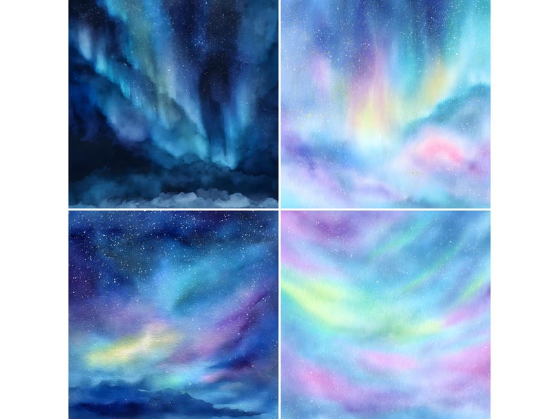 Northern Lights Digital Paper - Watercolour Aurora Borealis Scrapbook ...