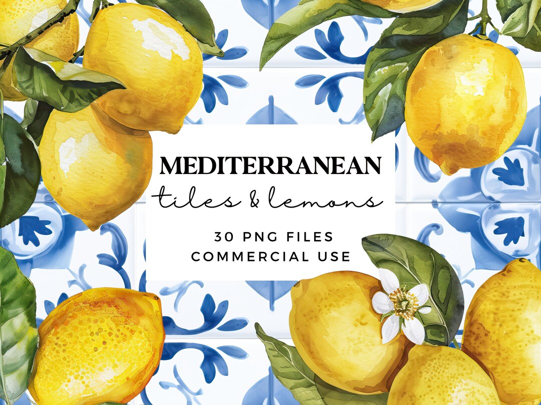 Watercolour Lemons Clipart - Blue Mediterranean Tiles Clipart Bundle ...