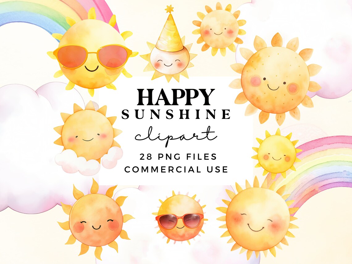 Cute Sun Clipart Bundle - Happy Sunshine Clipart Set - Watercolour Clip ...