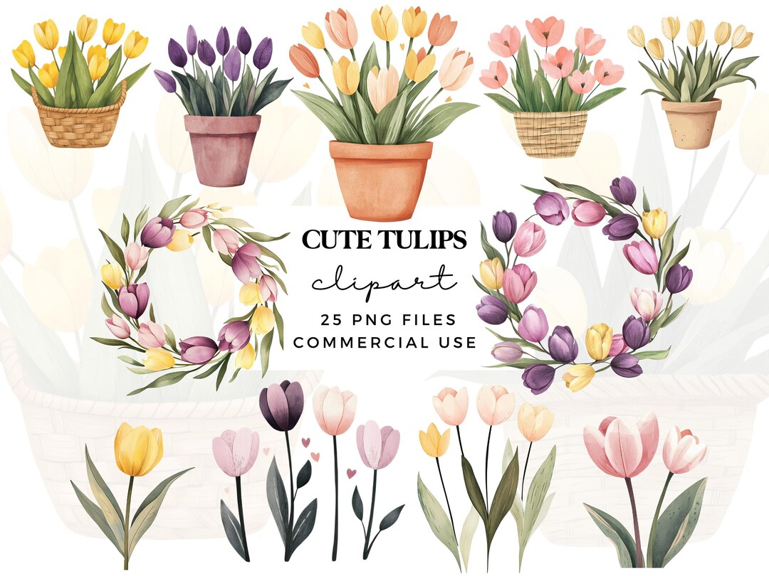 Cute Tulips Clipart - Easter Flowers Clip Art - Watercolor Spring ...